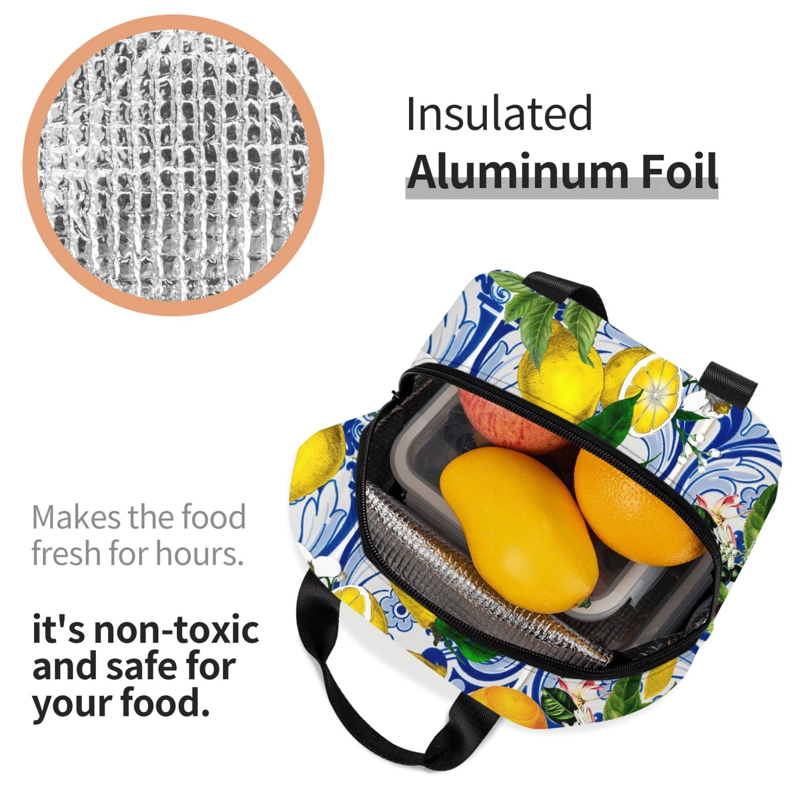 Larklitz Mediterranean Lemon On Blue Ceramic Tiles Reusable Insulated Lunch Bag for Women and Men, 8.5"x8"x5"/22x20x13 cm, Polyester