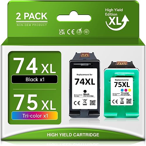 Printer Ink 74 75 Replacement for 74 75 Ink Cartridges Combo Pack Fit for PhotoSmart C4280 C5280 C4480 C4250 DeskJet D4360 D4260 OfficeJet J5780 Printers (1 Black & 1 Color, 2-Pack)