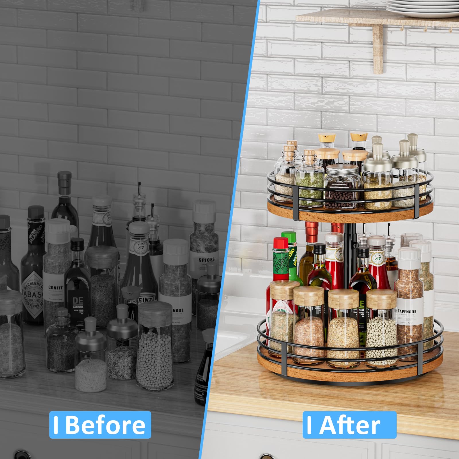 OVICAR Lazy Susan Turntable Organizer Adjustable - 2 Tier Wood Rotating Spice Rack 12 Inch Lazy Susan for Kitchen Countertop Cabinet Pantry Cupboard Dining Table Bathroom Coffee Bar Home Storage