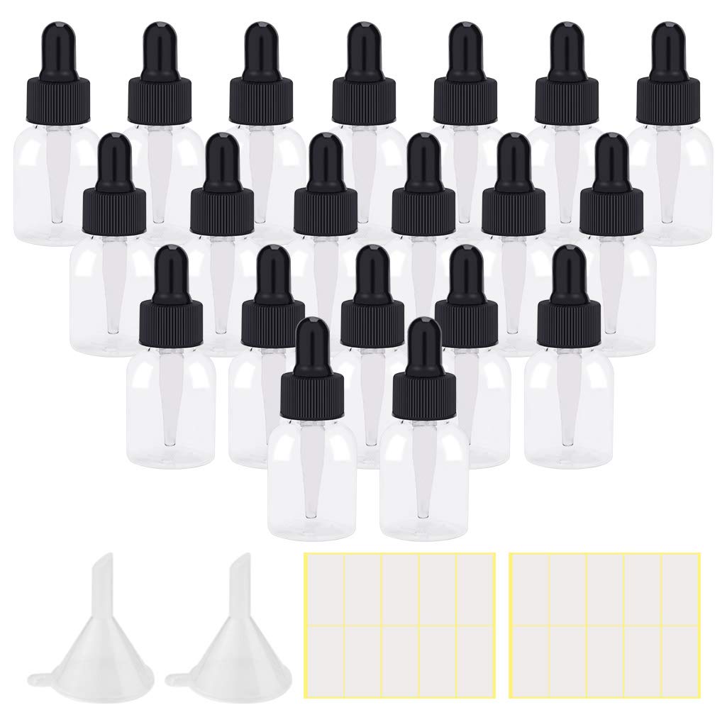 Yookat Eye Dropper Bottles 20 Pack 25ml Dropper Bottles 20 Pieces Labels and 2 Pieces Funnels Plastic Dropping Bottles Set for Essential Oils Travel and Lab