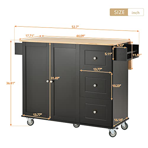 Rolling Kitchen Island with Drop Leaf Portable Kitchen Table Seating Cart 3 Drawers Lockable Wheels 1 Double Door Cabinet Slim Mobile Rubber Wood Counter Top Moveable Stand Alone 53" Movable Black