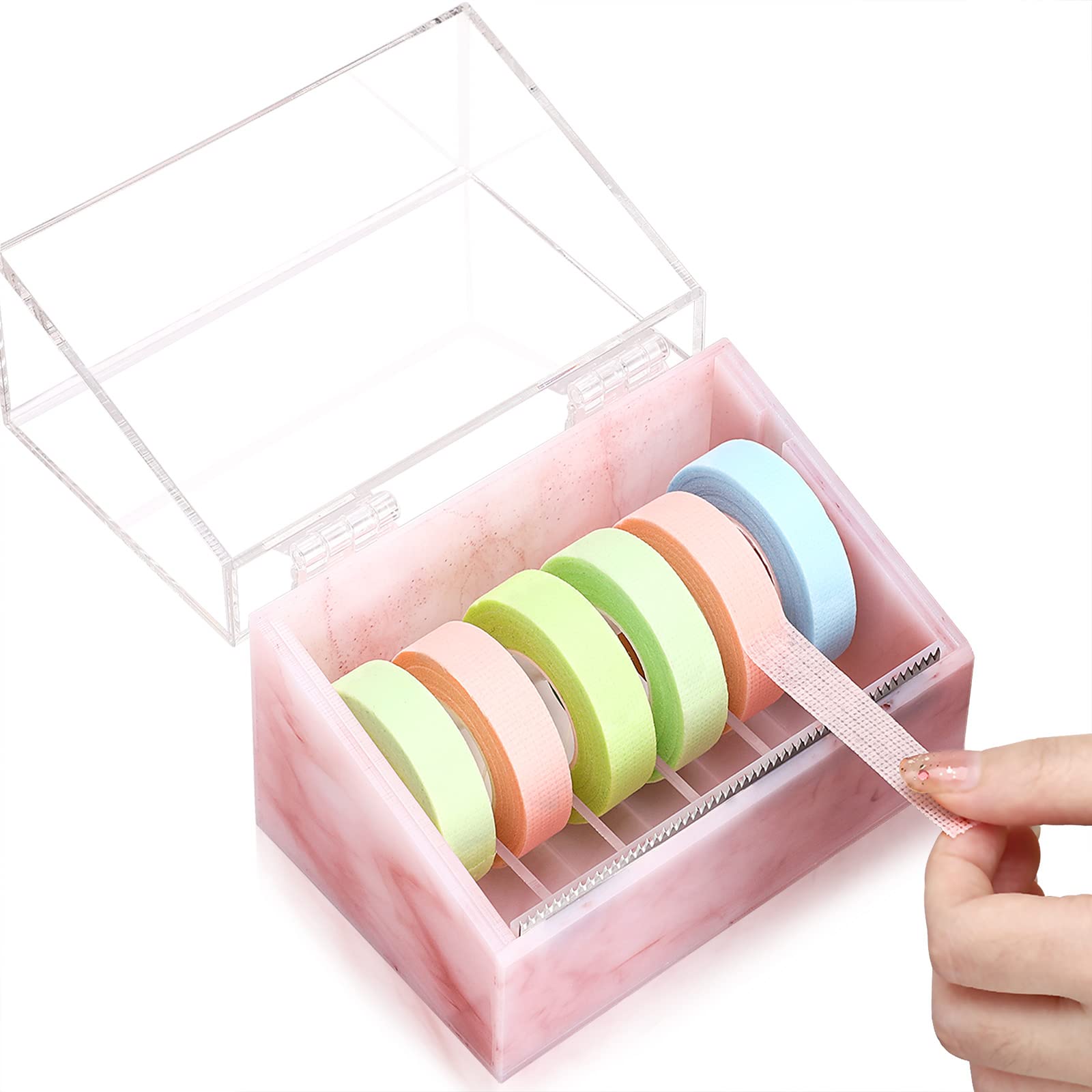 Noverlife 6 Grids Dustproof Eyelash Tape Dispenser, Marble False Eyelash Tape Cutter Roll Tape Holder, Adhesive Eyelash Extension Tape Separator Storage Box, Lash Extension Tape Cutting Machine
