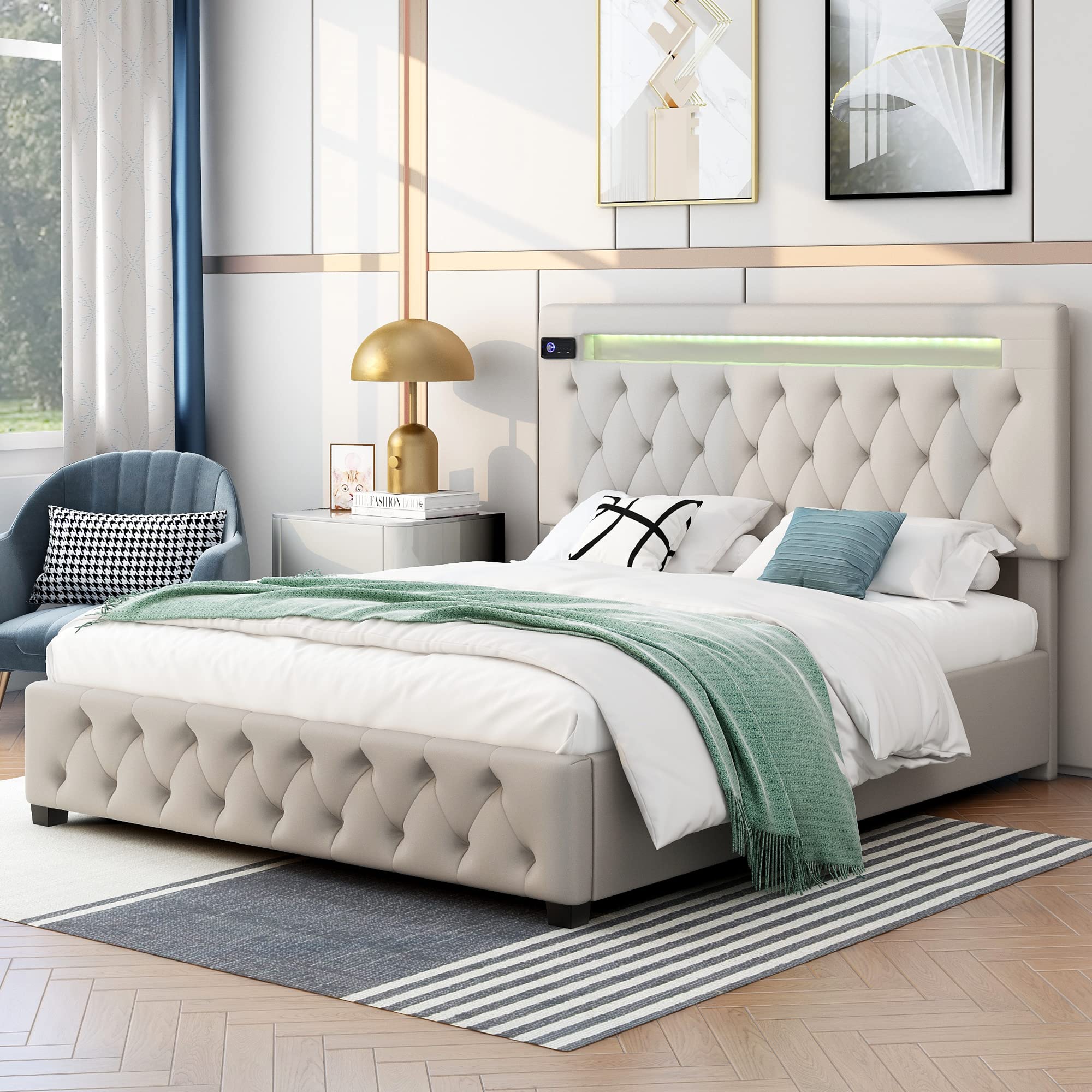 Queen Lift Storage Bed Upholstered Bed, Luxury Bed Frame With LED Light Bluetooth Player And USB Charging,Adjustable Linen Fabric Headboard,Hydraulic Storage Platform Bed For Kids Teen Adults (Beige)