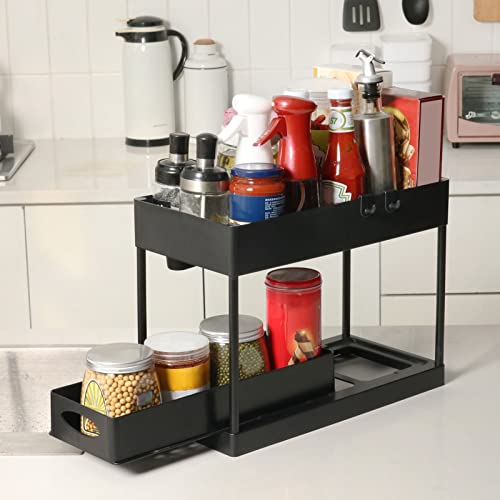 QANYEGN Under Sink Organizers, Large hatacity Slide Out Storage Baskets, PP Material Baskets for Bathrooms, Kitchens, Closets.(Black)
