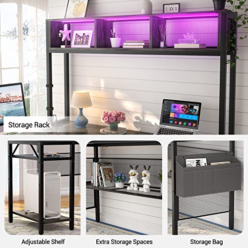Unikito L Shaped Computer Desk with LED Strip and Power Outlets, Reversible L-Shaped Corner Desk with Storage Shelves and Bag, Industrial Home Office Desk Gaming Table with USB Port, Black Oak