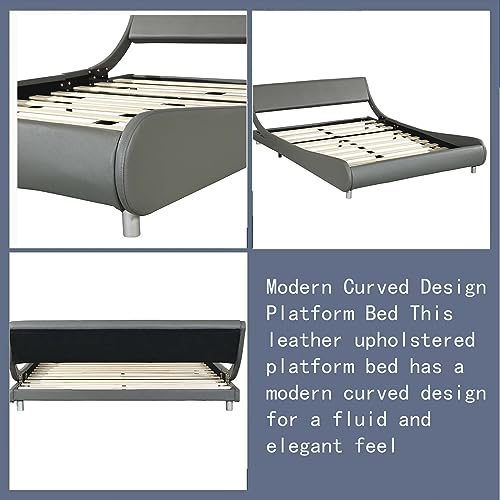 Queen Size Leather Upholstered Platform Bed Frame with Comfortable Headboard and Footboard, Modern Curve Design Platform Bed with Sturdy Bed Frame/Wood Slats Support/Easy Assemble for Bedroom (Grey)