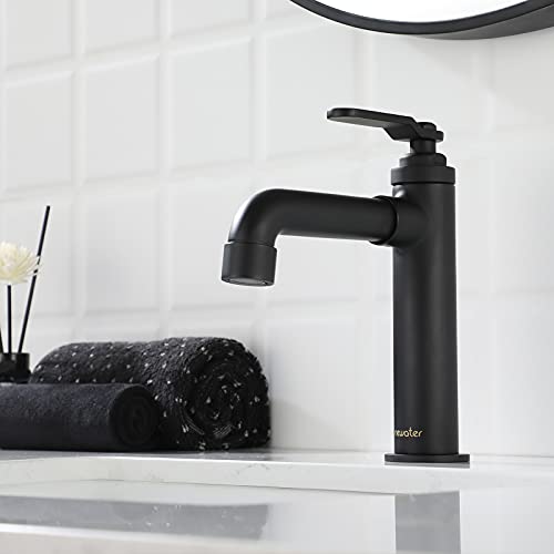 NEWATER Single-Handle Brass Bathroom Sink Faucet One Hole Deck Mount Vanity Faucets Basin Mixer Tap Rv Commercial Lavatory Faucet with Metal Pop Up Drain & Supply Lines,Matte Black