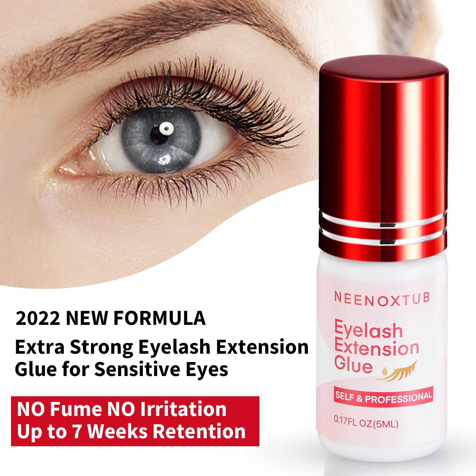 Neenoxtub Sensitive Eyelash Extension Glue, No Fume Lash Glue for Eyelash Extensions, 6-7 Weeks Retention Eyelash Glue for Sensitive Eyes, Extra Strong Professional & Individual Lash Glue. 5 ml