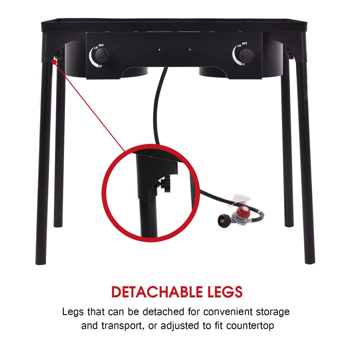 LUARANE Outdoor Stove High Pressure Double Burner Propane, Portable Gas 2 Burner Camp Stand Cooking Adjustable Detachable Legs, 20 PSI Regulator, Patio Camping Burner for Picnic, BBQ Grill (Black)