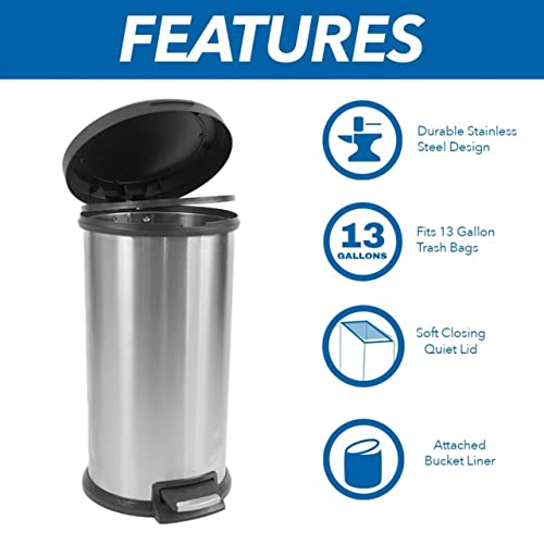 Stainless Steel 10.5 Gallon Round Step Trash Can, Silver
