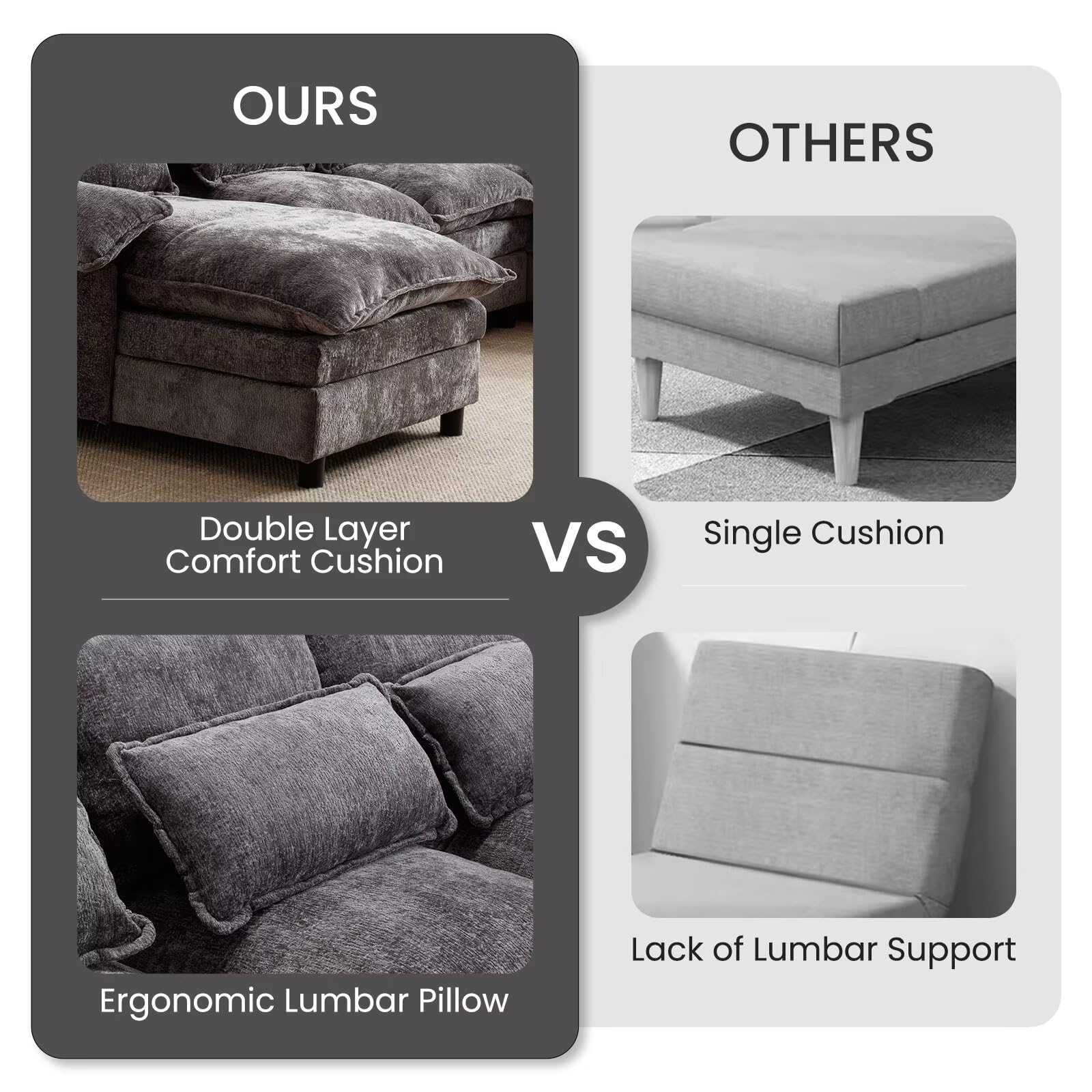 Siiejia U Shape Cloud Couch, 4 Seats Comfy Sectional Sofas Couches for Living Room, Modular Chenille Sofa with Double Reversible Chaise for Apartment Spacious Space, Grey