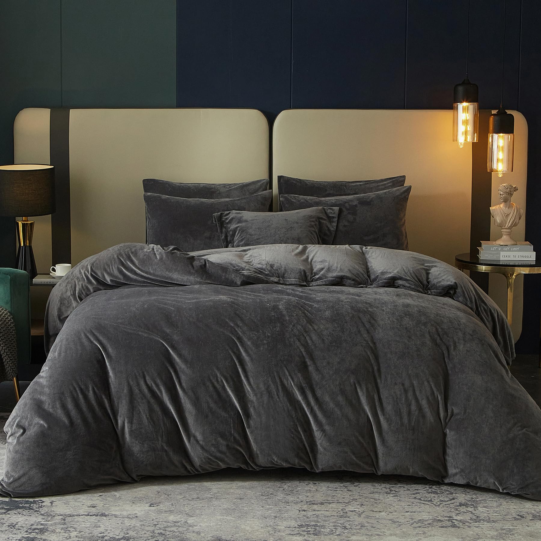 SE SOFTEXLY Velvet Duvet Cover King Size, Soft Flannel Duvet Cover with Zipper Solid Breathable Silky Velour Comforter Cover, Cozy Winter Duvet Cover Set with 2 Pillowcases, 90" x 104", Charcoal Grey