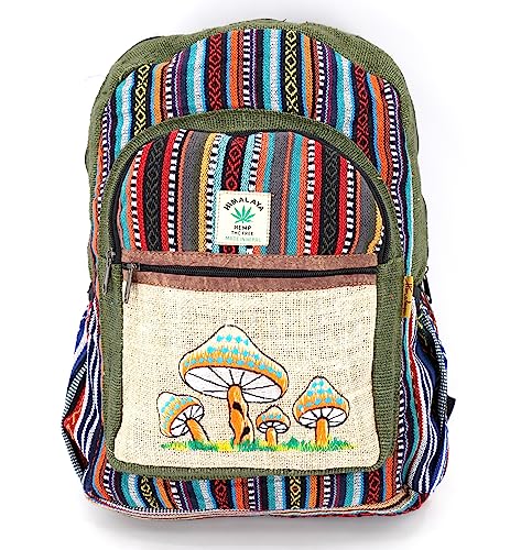 Unique Mushroom Embroidered Tie Dye Himalaya Hemp Large Hippie Backpack Festival Backpack FAIR TRADE Handmade with Love. (GREEN)