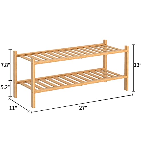 RONGJIA 2-Tier Natural Bamboo Shoe Rack - Stackable Storage Shelf with Multi-Function Combinations - Free Standing Shoe Racks for Convenient Shoe Organization(Natural) 11" D x 27" W x 13" H