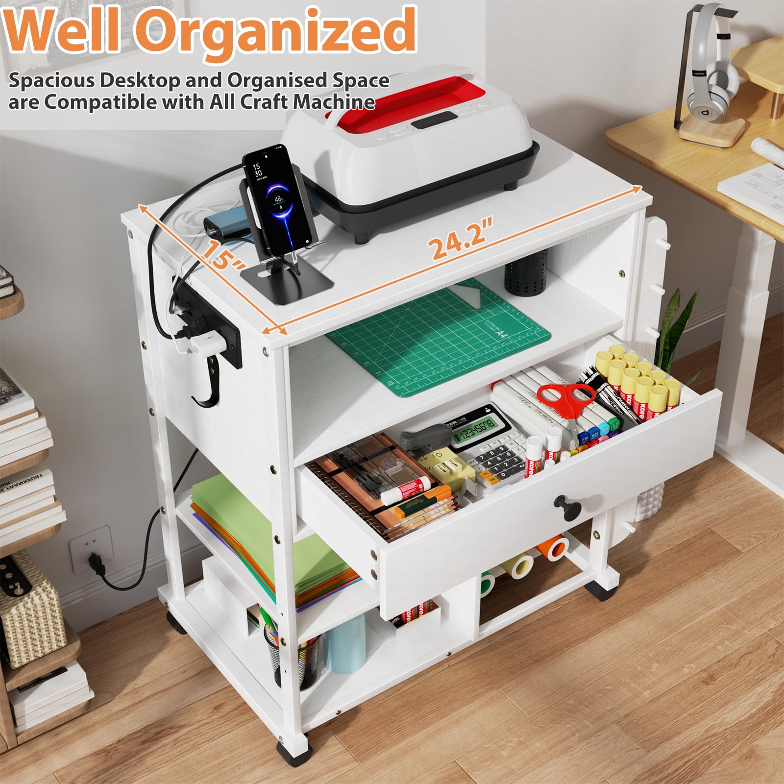 SEPTBOT Rolling Craft Storage Cart with Power Outlet and 23 Vinyl Roll Holders, Craft Rolling Storage Organizer Compatible with Cart Machines, Craft Organization and Storage Cart for Home Office