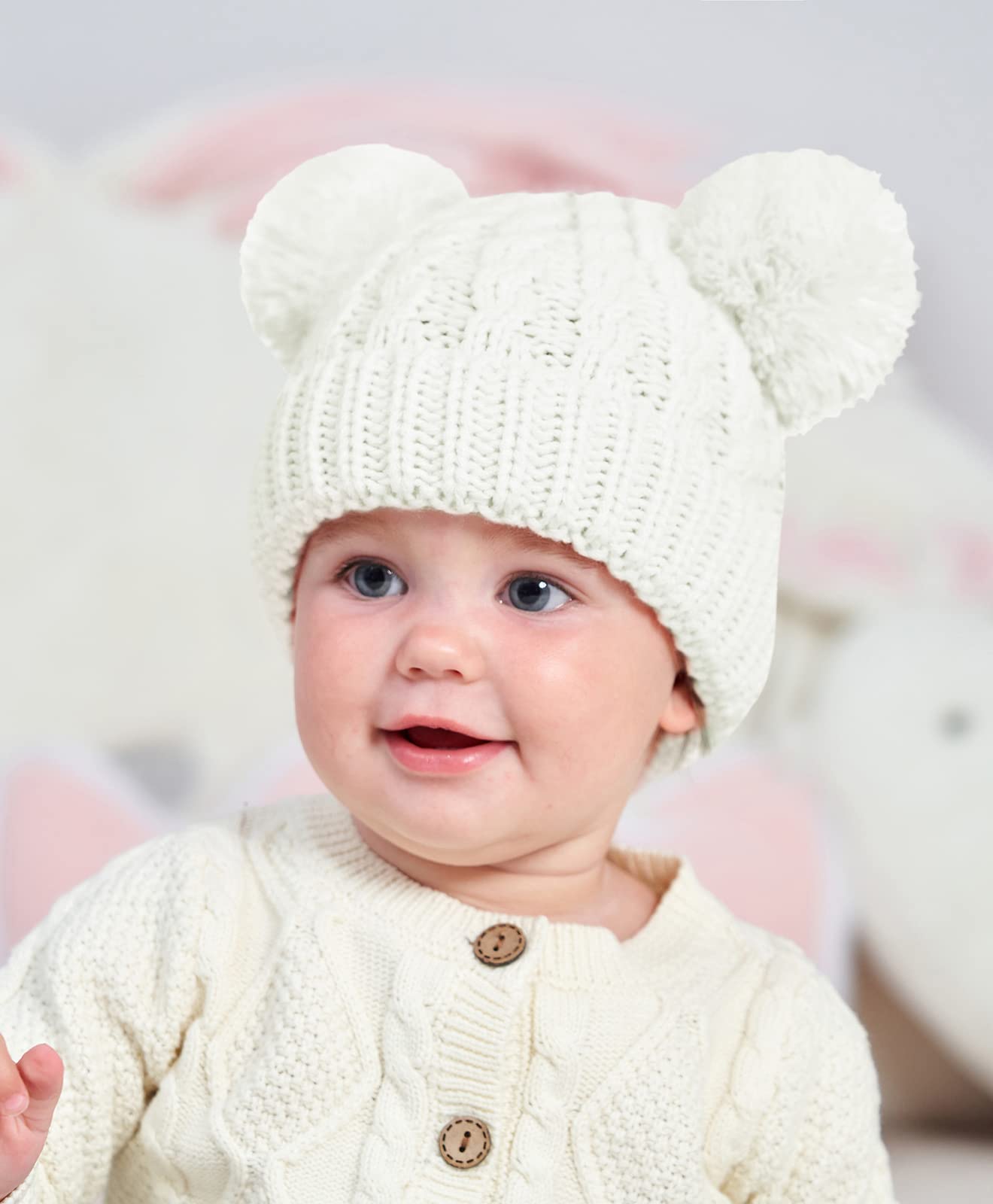 MOK Baby Beanie for Girls Cable Knit Winter Hat with Double Pom Pom Skull Hats