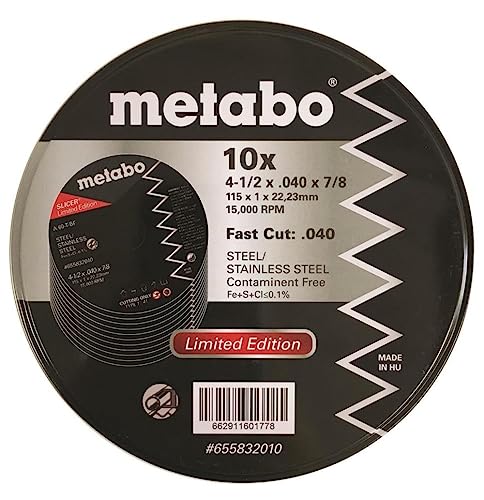 Metabo - Application: Steel/Stainless Steel - Slicer Wheel Promo Tin, 4.5"X.040x7/8 A60T, Pk 10 (655832010), Type 1 "Slicer" Wheels