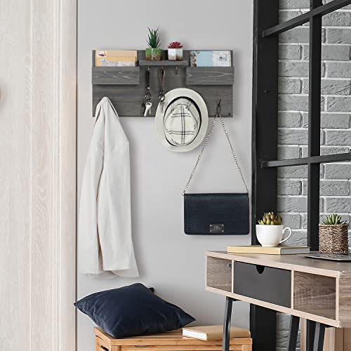 MyGift Wall Mounted Vintage Gray Solid Wood Mail and Key Holder Organizer Rack with Antique Key Hooks, Display Shelf and Letter Storage Bins, Entryway Family Command Center