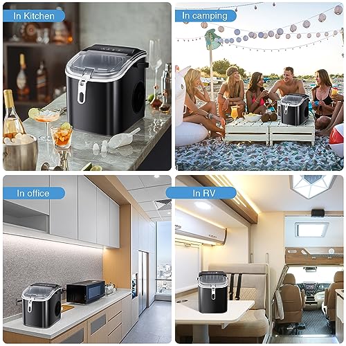 R.W.FLAME Ice Makers Countertop,Ice Maker 6 Minutes 9 Ice Cubes 24 Hours 26 lbs Self-Cleaning Portable Ice Maker with Handle and Ice Scoop, Ice Maker for Home/Office/RV/Party(Black)