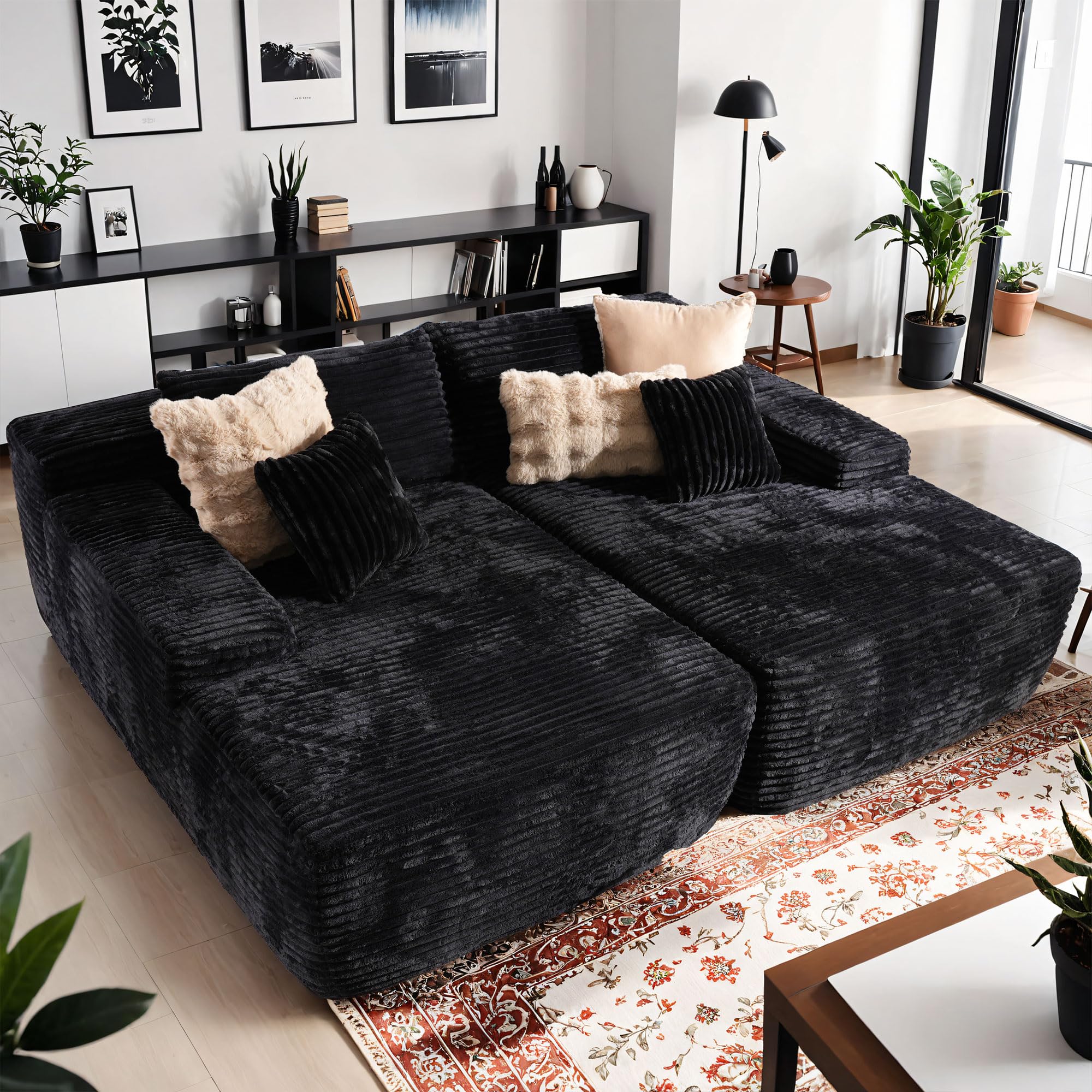 Oversized Chaise Lounge Sofa Indoor - 80" Cloud Sectional Couch Sofa Bed,Luxury Deep Seat Plush Corduroy Lounge Chair Sleeper Sofa for Living Room Bedroom (Black,2PCS)