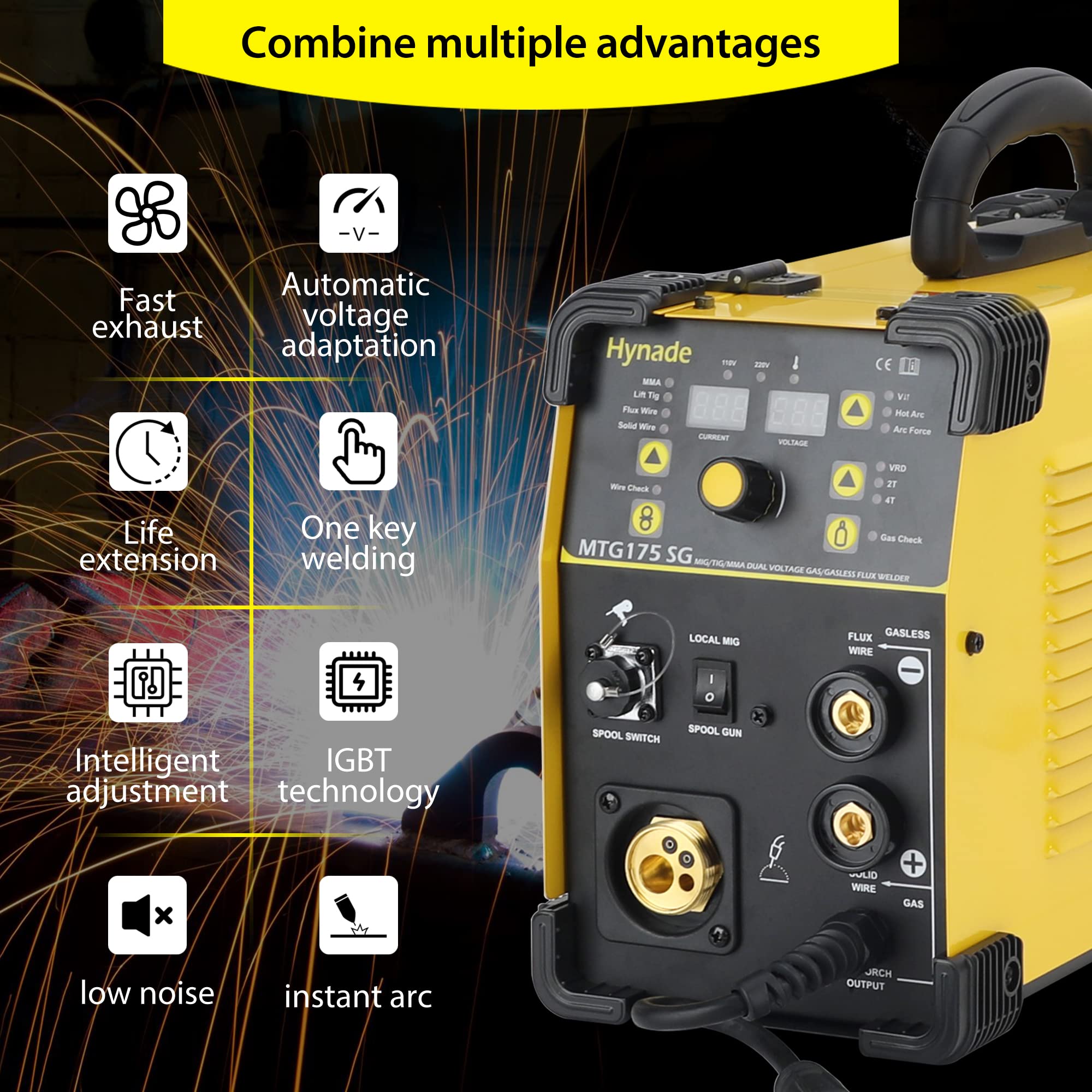 Mig Spool Mig Lift Tig Stick Multi-Function Welding Machine MTG175 SG, Dual Voltage 110/220V Tig Stick Gas/Gasless Mig Welder -Lift TIG Torch Air Cooled Argon 150A TIG17V