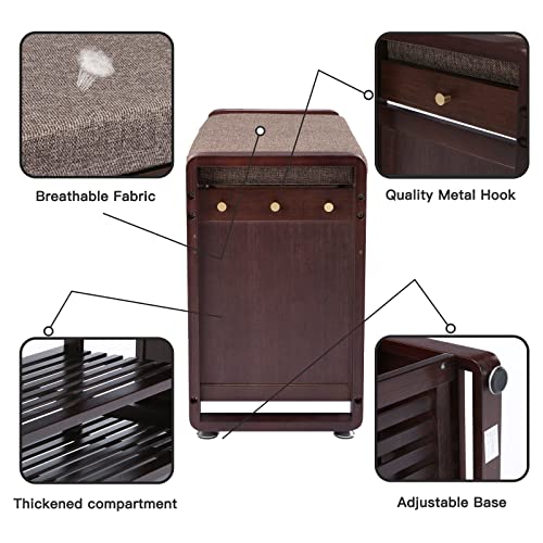 NURTUDIS Shoe Rack Bench Entryway, Bamboo Shoe Storage Stool with Removable Cushion, 2-Tier Entryway Shoe Organizer Shelf with Side Drawer & Hooks for Entryway, Living Room, Bedroom, Bathroom(Large)