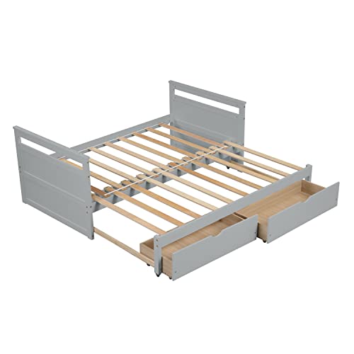 ODC Solid Wood Extendable Daybed,Twin to King Daybed with 2 Drawers,Wooden Daybed with Trundle,Convertible Sofa Bed for Bedroom Living Room
