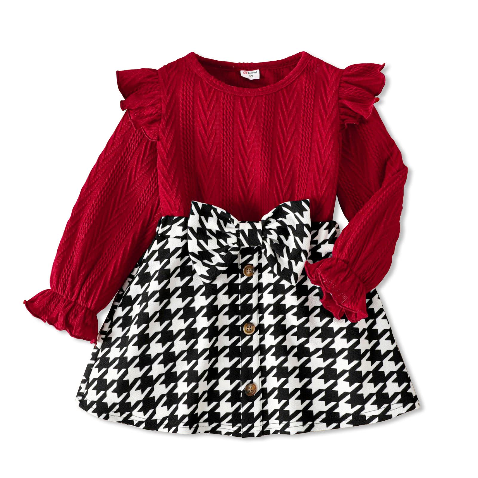 PATPAT 2 pcs Toddler Outfit Ruffled Textured Tee and Bowknot Design Houndstooth Skirt Set Red 3 Years