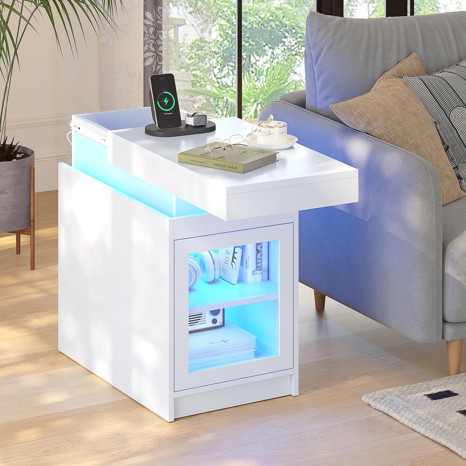 SEDETA End Table with Charging Station, Narrow Side Table with Sliding Top Storage for Small Spaces, Nightstand with Storage Shelves and LED Lights for Bedroom, Bedside Table for Living Room, White