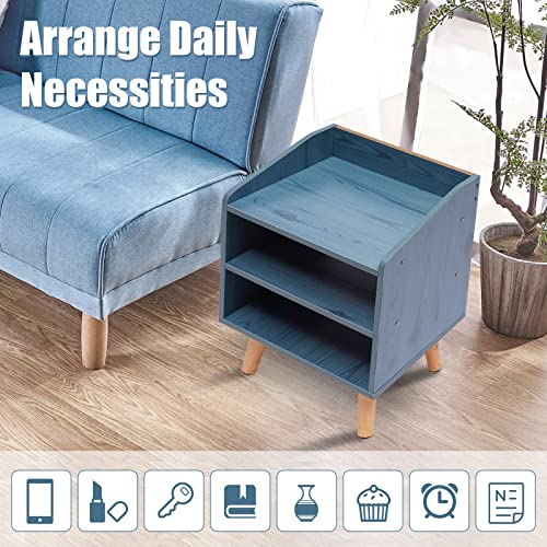 Small Bedroom Nightstand/Minimalist End Table/Side Table/Little Table - with 2 Open Storage Cabinets/Solid Wood Legs,Modern Bedside Night Stand for Bedroom, Living Room(Blue )- Easy Assembly