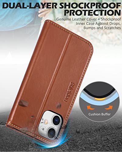 SHIELDON Wallet Case for iPhone 12 5G, Genuine Leather Folio Case Magnetic Shock Absorbing Case RFID Blocking Credit Card Holder Kickstand Compatible with iPhone 12/12 Pro 6.1" - Retro Brown