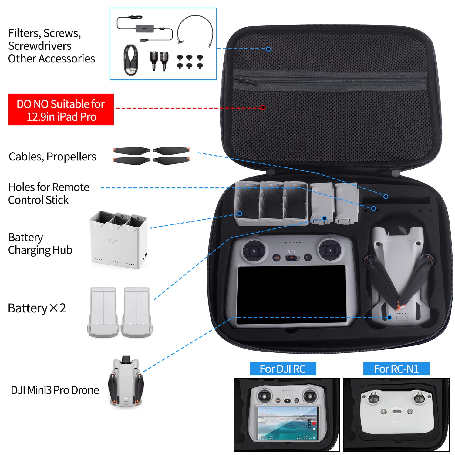 Mini 3 Pro Case, Mini 3 Pro Carrying Case with Shoulder Strap and Screen Protector, Portable Travel Case with for DJI Mini 3 Pro, DJI RC/DJI RC-N1 Remote Controller Accessories, Black