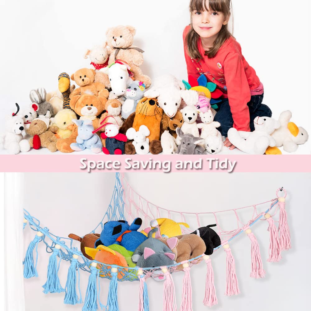 Yvqxvv Stuffed Animal Toy Hammock - Corner Hammock Organizer Display Holder Net Storage Rack Hanging Toys for Boho Kids Girls Bedroom Play Room Decor(Pink&Blue)