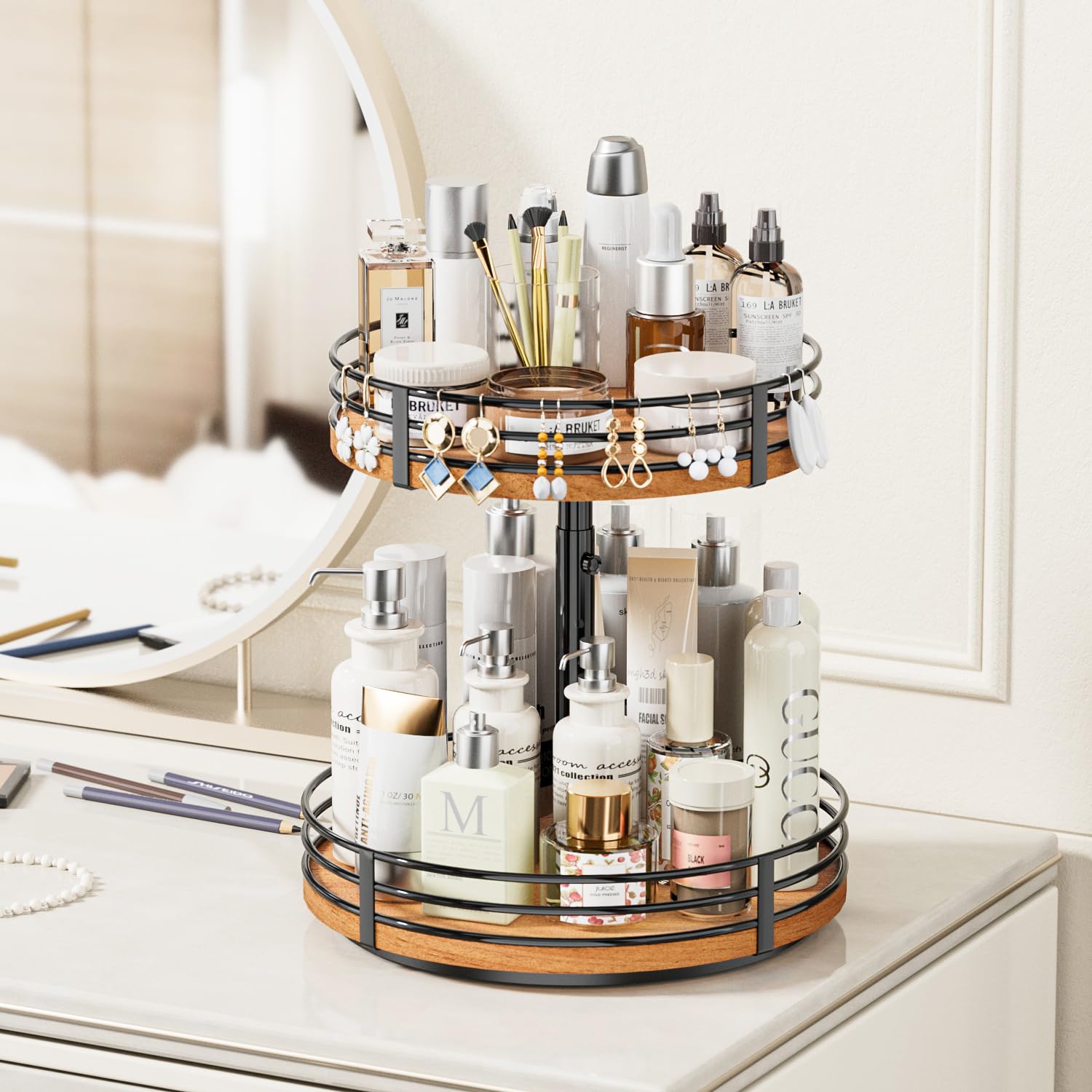 OVICAR Lazy Susan Turntable Organizer Adjustable - 2 Tier Wood Rotating Spice Rack 12 Inch Lazy Susan for Kitchen Countertop Cabinet Pantry Cupboard Dining Table Bathroom Coffee Bar Home Storage