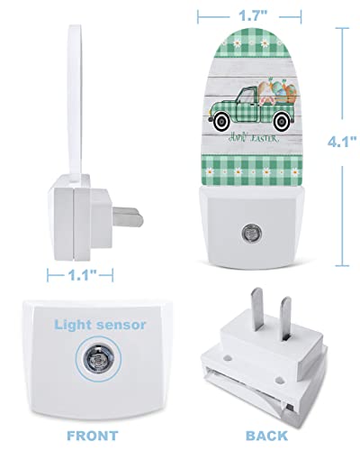 Plug-in LED Night Light with Auto Light Sensor - Popsicle Shape Nightlight Baby Night Lights for Hallway Bedroom Kids Room - Happy Easter Green Plaid Truck with Bunny and Easter Eggs Retro Wood Board