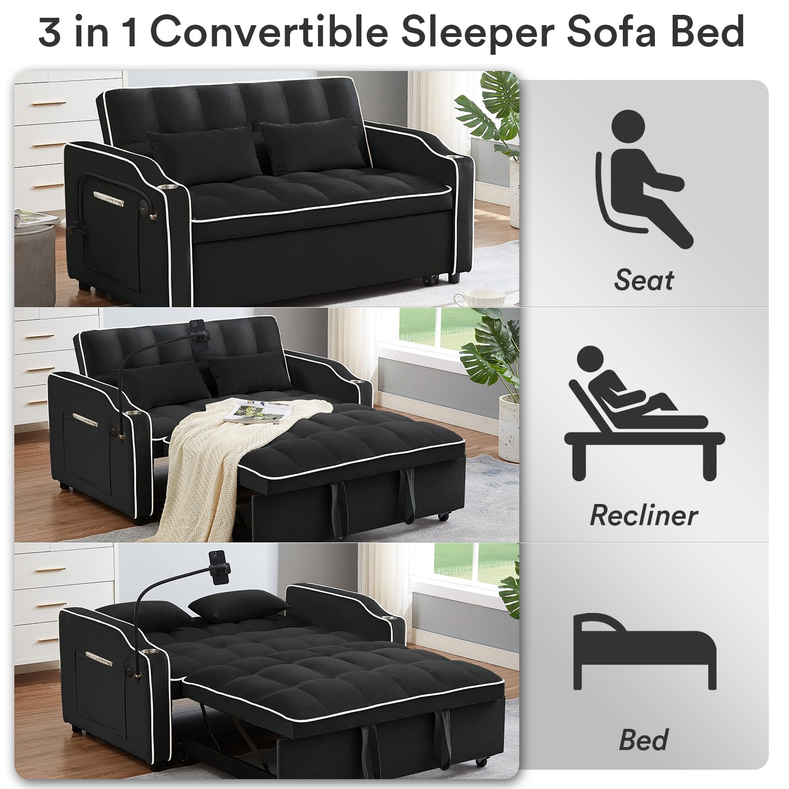 Rovibek 3 in 1 Convertible Sleeper Sofa Bed Pull Out Couch Futon Loveseat Velvet Chaise Lounge with 2 Pockets and 2 Pillows for Living Room, Full Size, Black