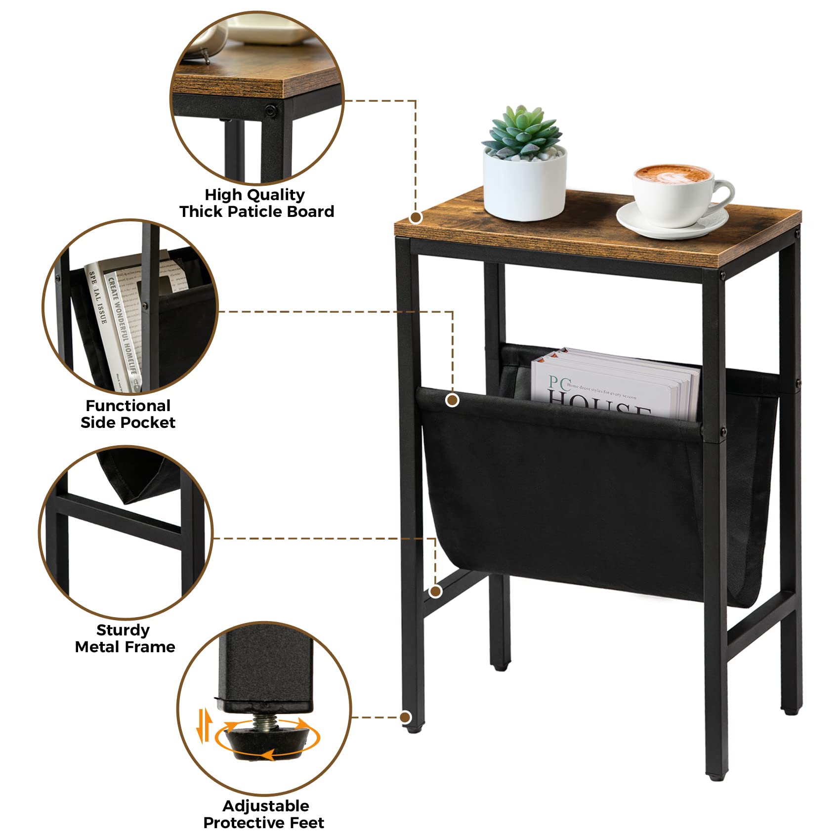 Small End Tables for Small Spaces – Small Side Table Living Room – Industrial Small Nightstand Bedroom –Narrow End Table – Slim Skinny Bedside Table – Little Thin Accent Table Tiny Drink Table
