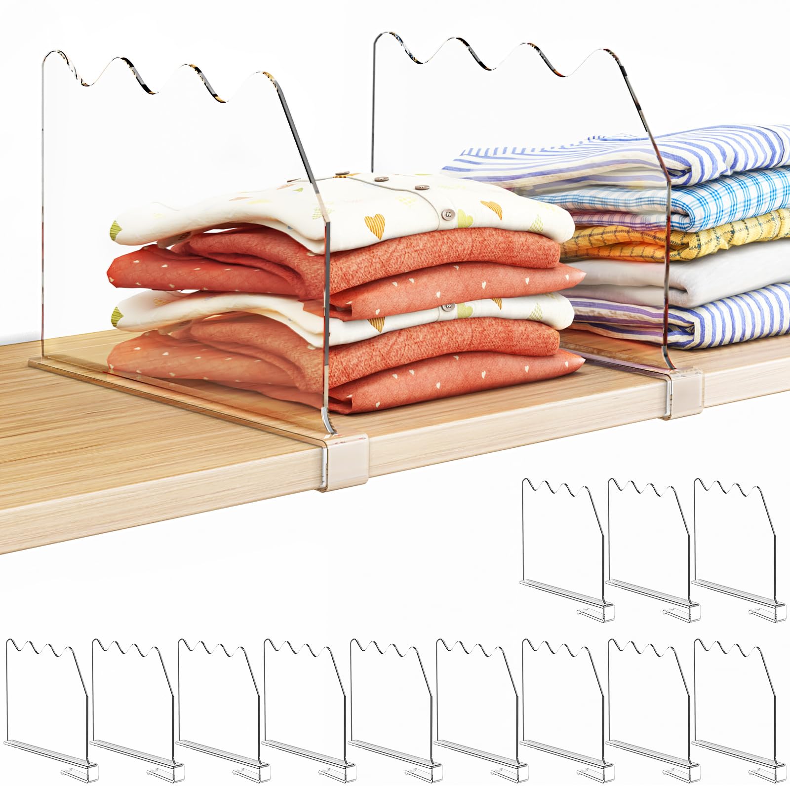 SPACEKEEPER Shelf Dividers for Closet Organization, Clear Closet Shelf Divider for Clothes Purses Separators, Wood Shelves Organizer for Bedroom, Kitchen, Office, Cabinets, Bathroom, 12 Pack