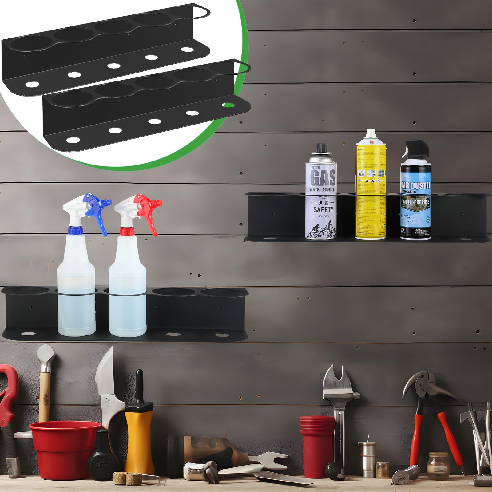 Therwen 2 Pcs 5 Holes All Purpose Steel Spray Bottle Holder Heavy Duty Spray Can Holder Rack Organizer Easy Install Wall Mount Paint Spray Bottle Organizer Storage Rack for Garage Home Workspace