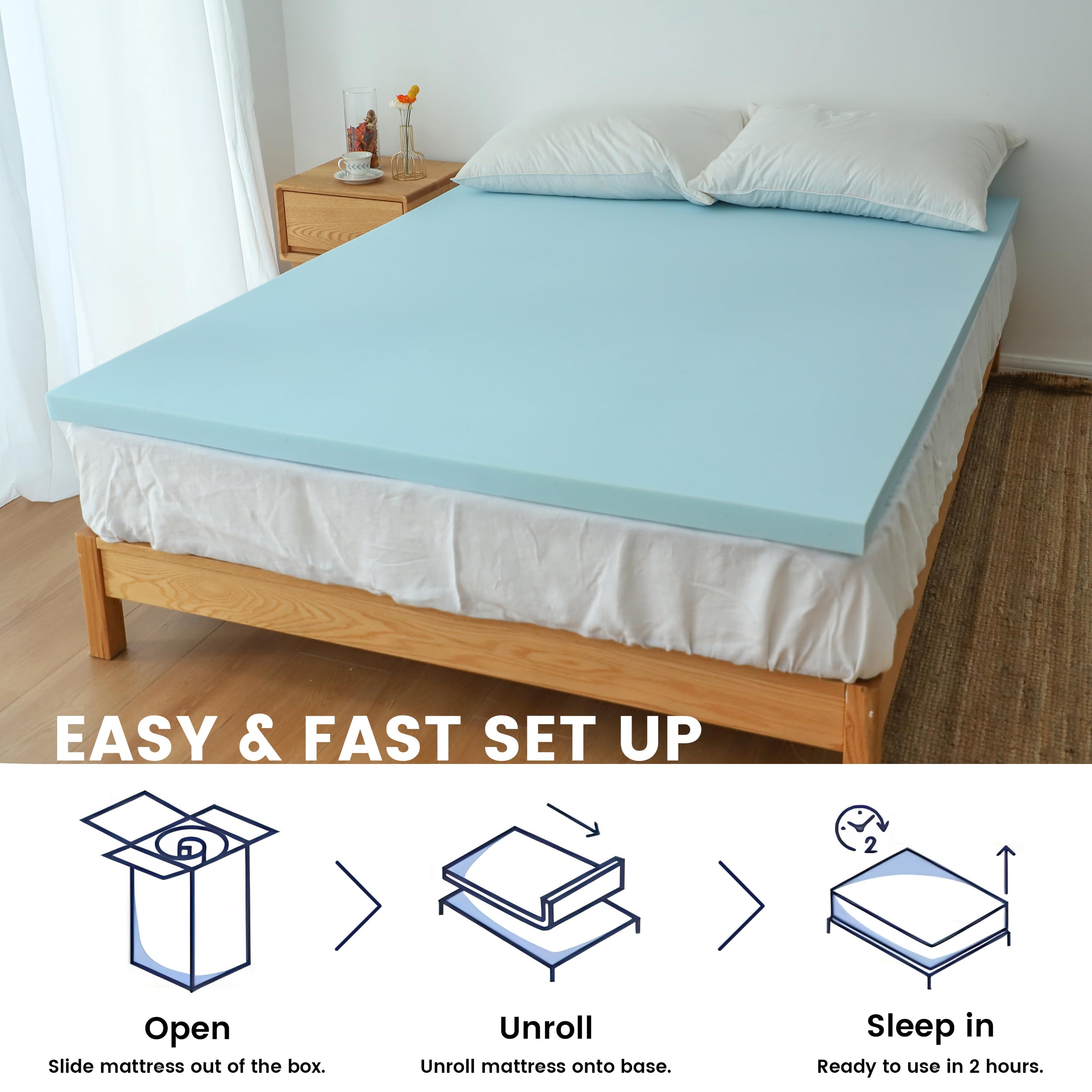 Simple&Opulence 2 Inch Memory Foam Mattress Topper, Cooling Gel Infused Mattress Pad for Back Pain Relief,Ventilated and Breathable - Queen Size