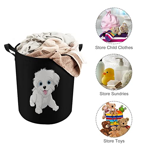 Playful Lap-Dog Laundry Basket Round Collapsible Storage Bin with Drawstring and Handle for Bedroom Bathroom Toys Room 17.3" X 13.8"