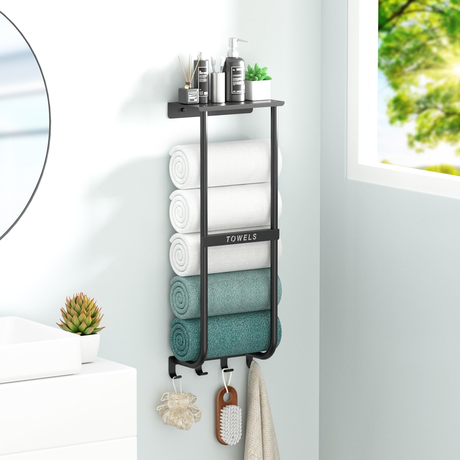Towel Racks for Bathroom, Black Towel Rack Wall Mounted, Towel Holder for Bathroom Wall, Bath Towel Shelf with Hooks,Stainless Steel Towel Organizer,Bathroom Towel Storage for Rolled Towels.