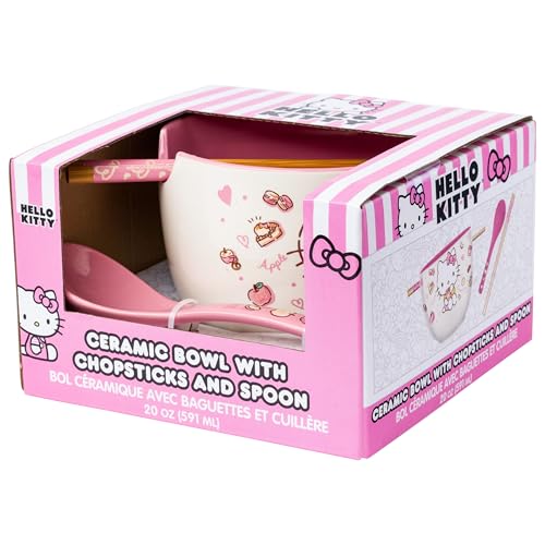 Silver Buffalo Sanrio Hello Kitty Apples and Cinnamon Ceramic Ramen Noodle Rice Bowl with Chopsticks and Spoon, Microwave Safe, 20 Ounces