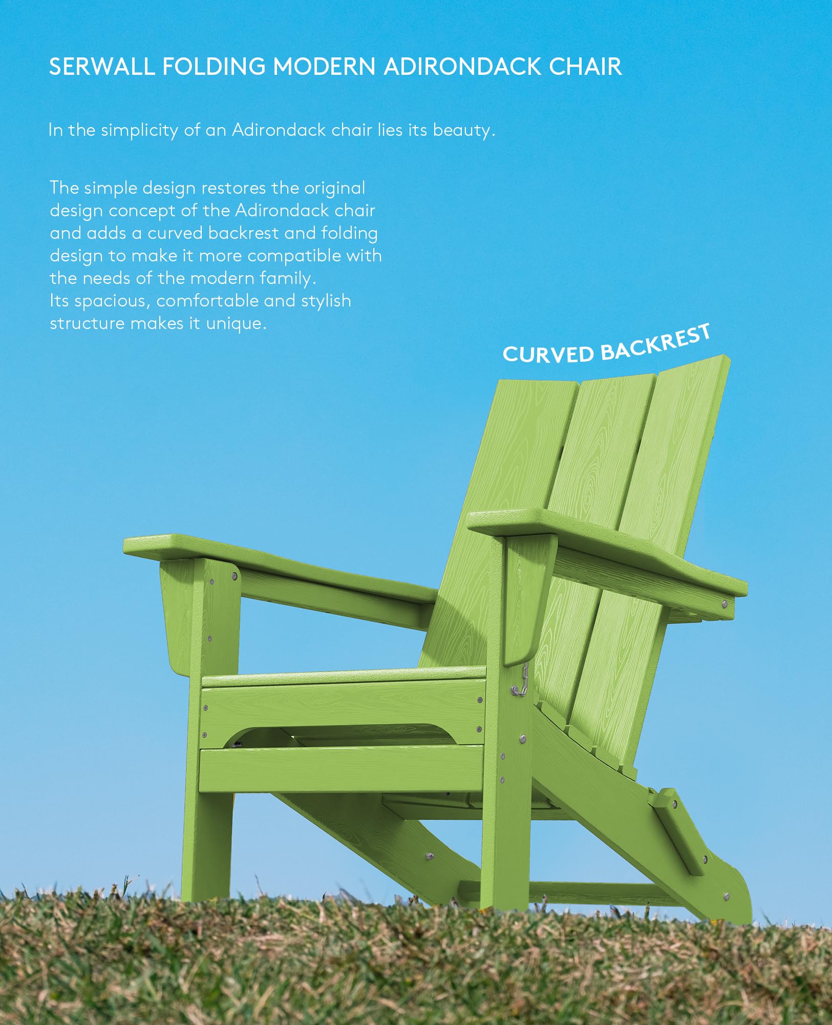 SERWALL Modern Folding Adirondack Chair Set of 4, Oversized Folding Adirondack Chair with Curved Backrest, HDPE Outdoor Adirondack Chair, Brown