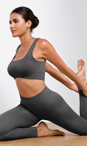 ODODOS Seamless Square Neck Sports Bra for Women Ribbed Crop Tank Casual Low Back Cropped Tops, Charcoal, Medium/Large