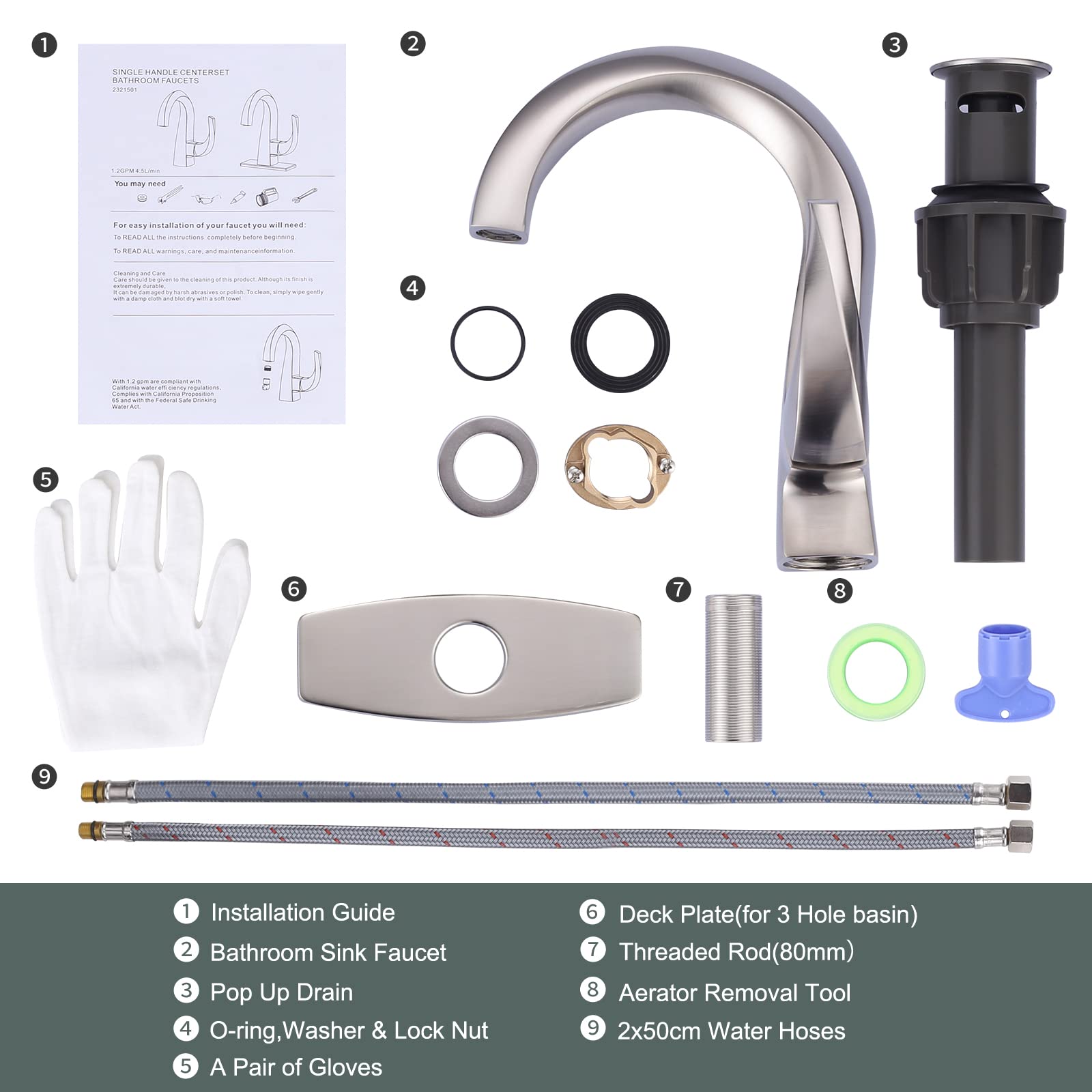 WOWOW Single Handle Bathroom Faucet, 1 Hole, High Arc, Brushed Nickel, Pop-up Drain, Solid Brass, Commercial Bathroom Sink Faucet, Basin Vanity Bar Faucet