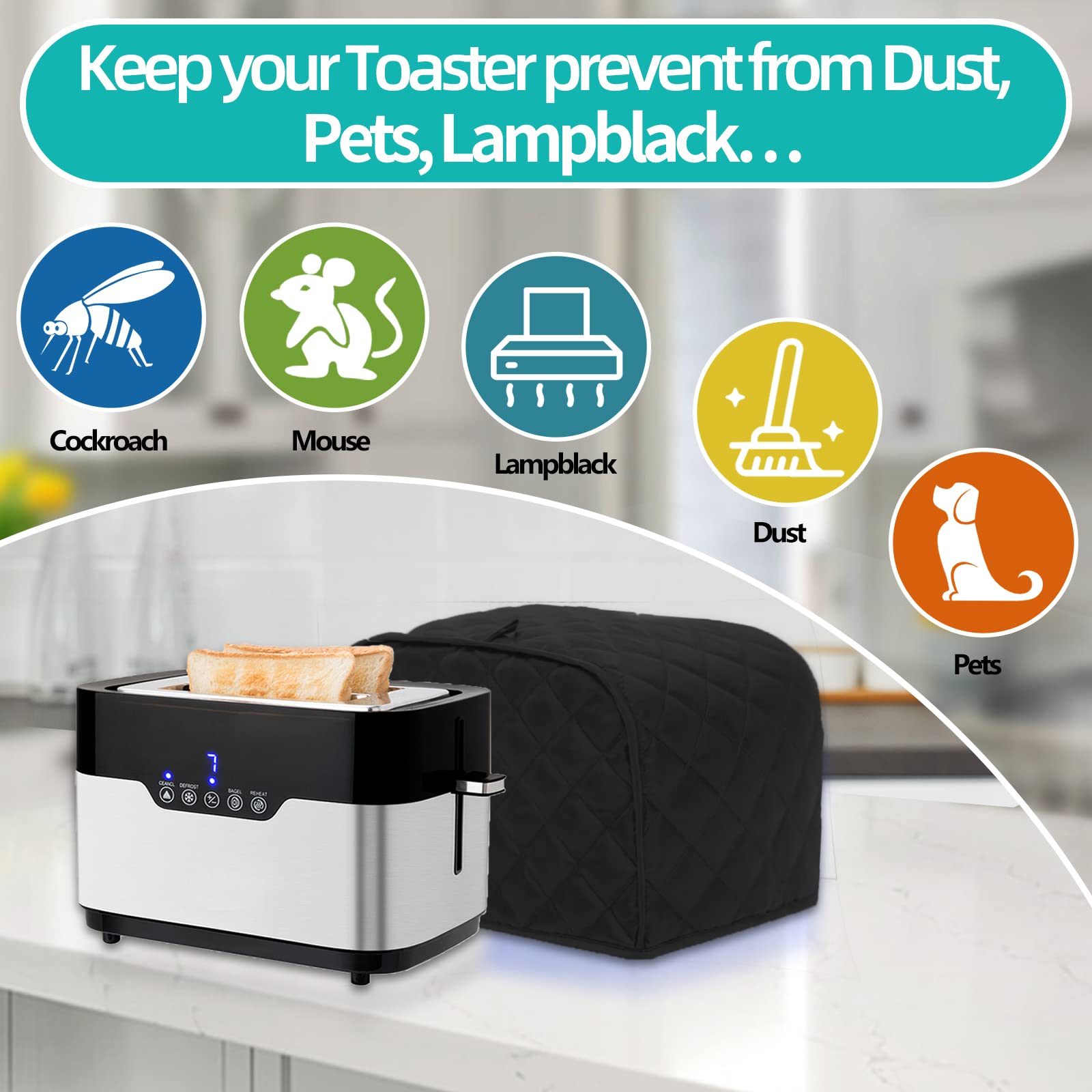 KINMAD Polyester Fabric Quilted Four Slice Bread Toaster Cover Bakeware Protector, Dust and Fingerprint Protection- Best Gift for Mother, Black
