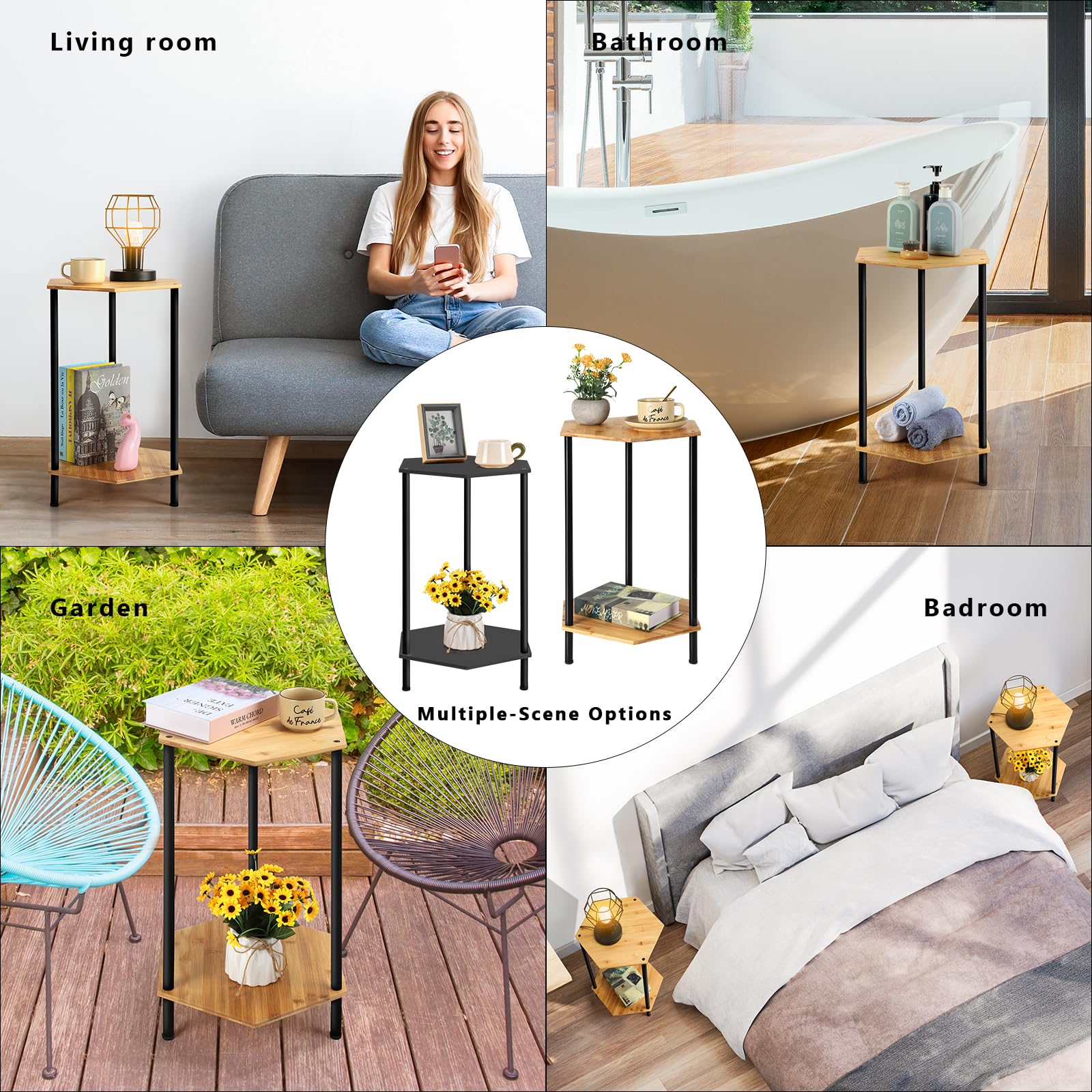 SEHERTIWY Bamboo Side Table Set of 2, Hexagon Nightstands for Bedrooms, Side Tables for Small Spaces, Modern Coffee Table, 2 Tiers Rustic Accent Tables for Bedroom