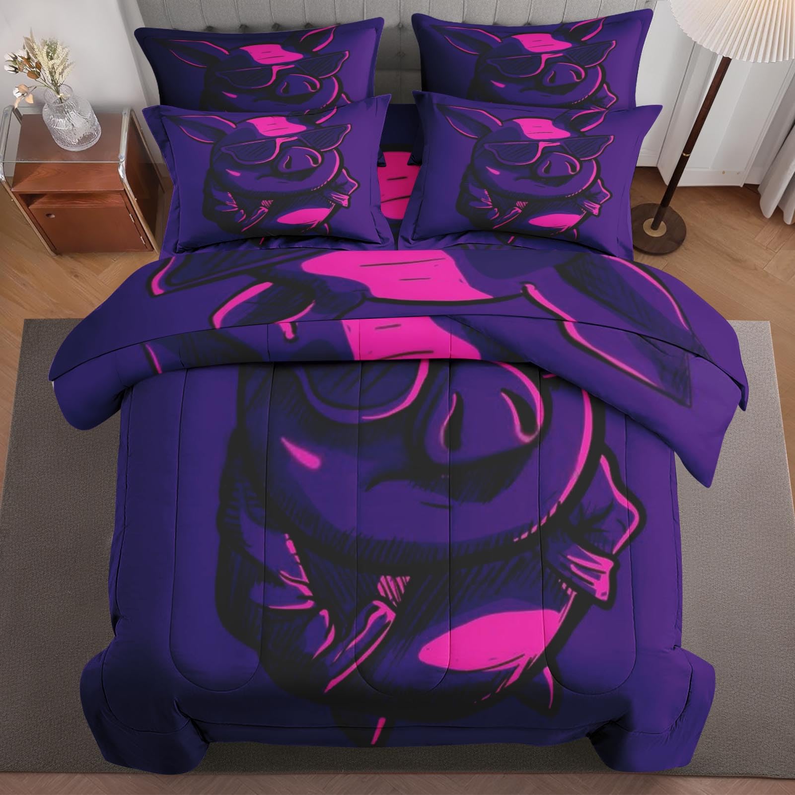 Pinbeam 7 Pcs Comforter Set King Size, Cool Pig Pink Bed in a Bag with Flat Sheet and Fitted Sheet for Kids and Adults, Neon His Animal Bedding Set with Pillowcase & Sham
