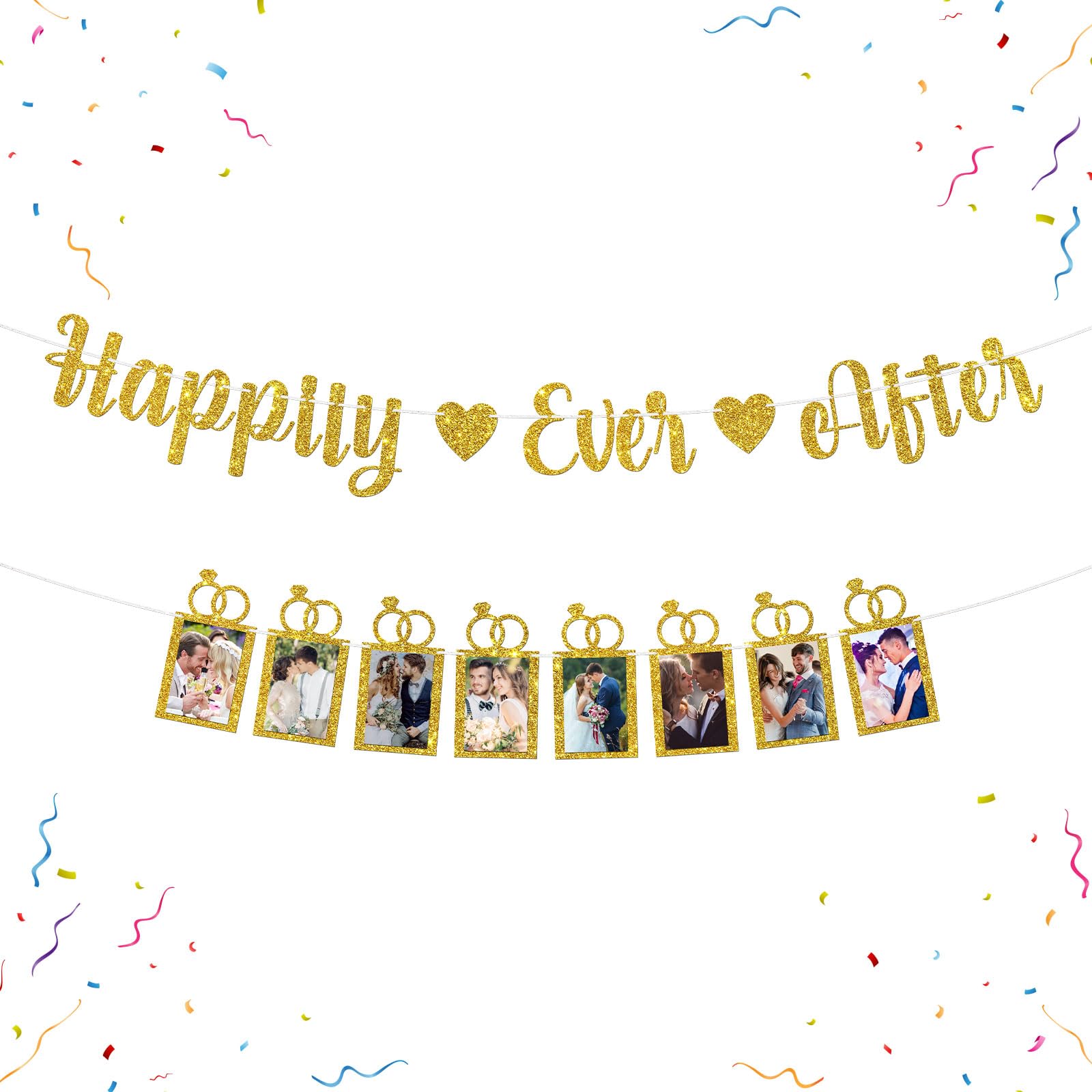 WeBenison Happily Ever After Photo Banner Wedding Decor Banner with Photo Frame Bridal Shower Bunting Decorations Bachelorette Party Picture Banner Gold Glitter